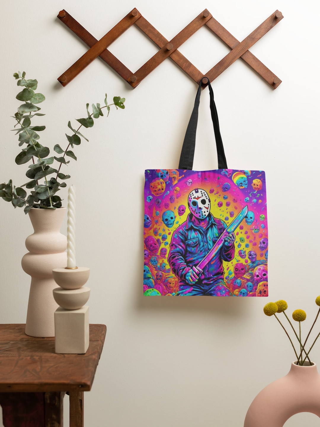 Rainbow Slasher Tote, 90s Retro Canvas Tote Bag, Horror Character Tote ...