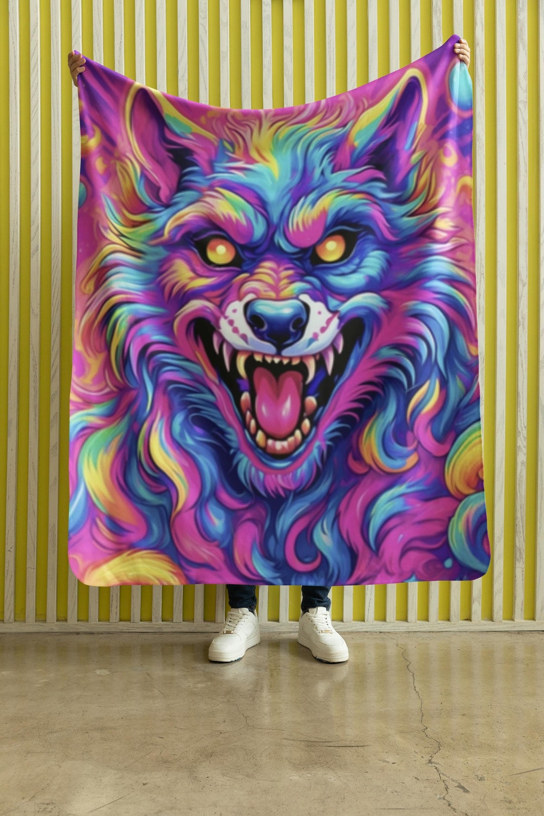 Vibrant Wolf Plush Blanket Rainbow Cozy Throw for Animal Lovers 90s ...