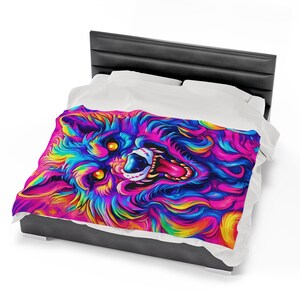 Vibrant Wolf Plush Blanket Rainbow Cozy Throw for Animal Lovers 90s ...