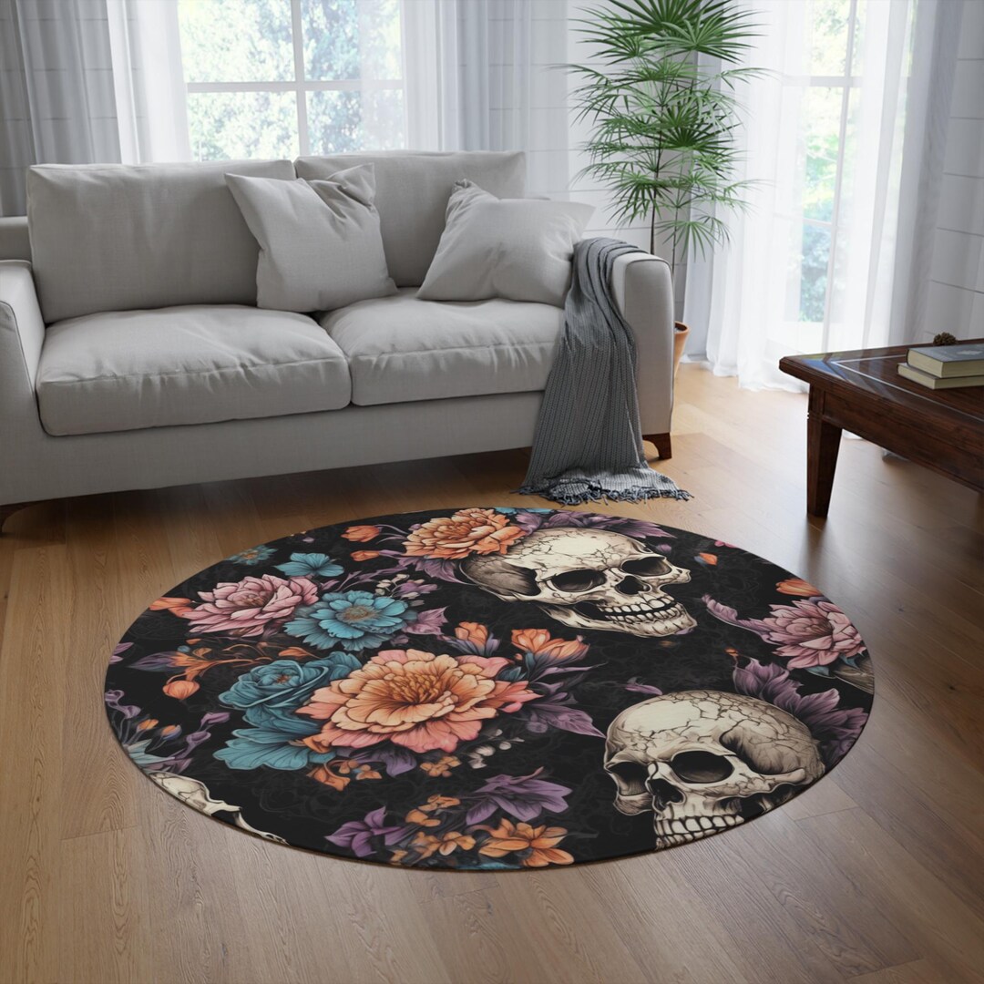 Gothic Floral Round Rug With Skulls 60 X 60 Decorative Halloween Rug ...