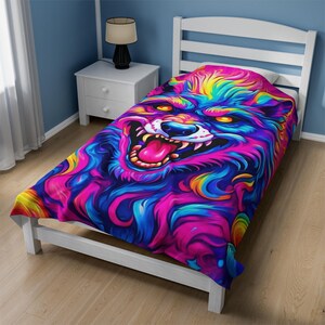 Vibrant Wolf Plush Blanket Rainbow Cozy Throw for Animal Lovers 90s ...