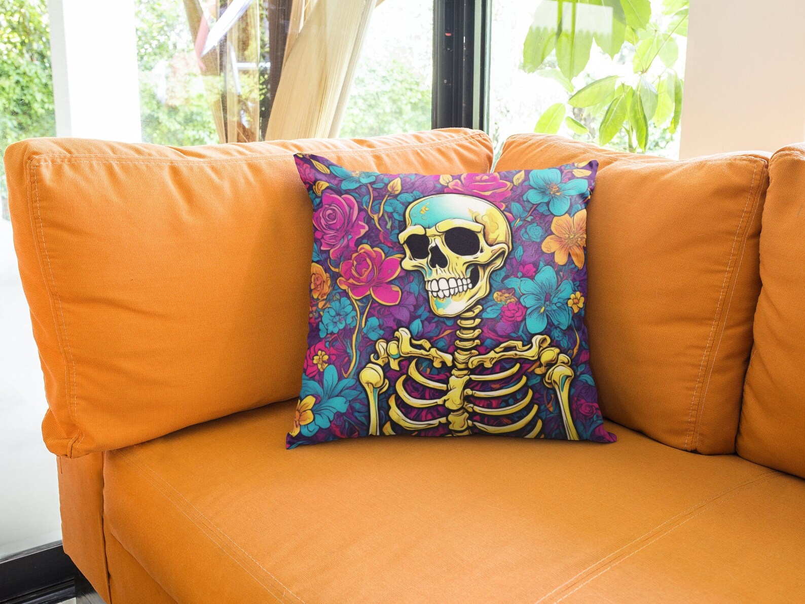 Rainbow Floral Skeleton Throw Pillow 90s Retro Nostalgia Halloween ...