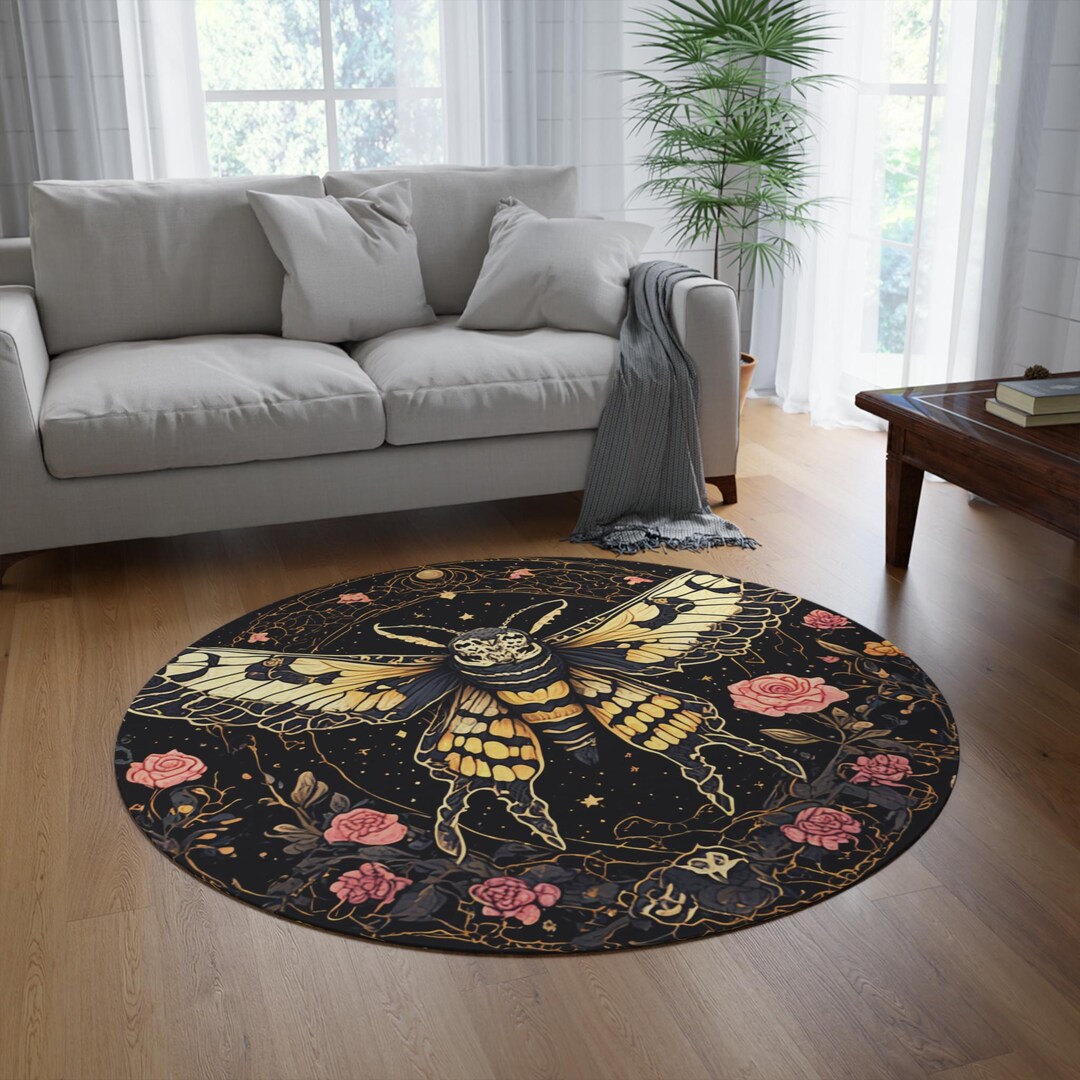 Death Head Moth Round Rug 60 X 60 Gothic Floral Moth Area Rug Whimsical ...