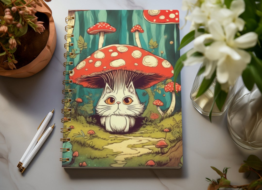 Mushroom Kitty Cat Spiral Notebook | Gift for Goth | Whimsical Lined ...
