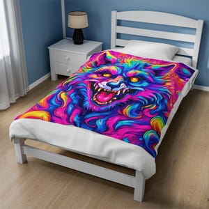 Vibrant Wolf Plush Blanket Rainbow Cozy Throw for Animal Lovers 90s ...