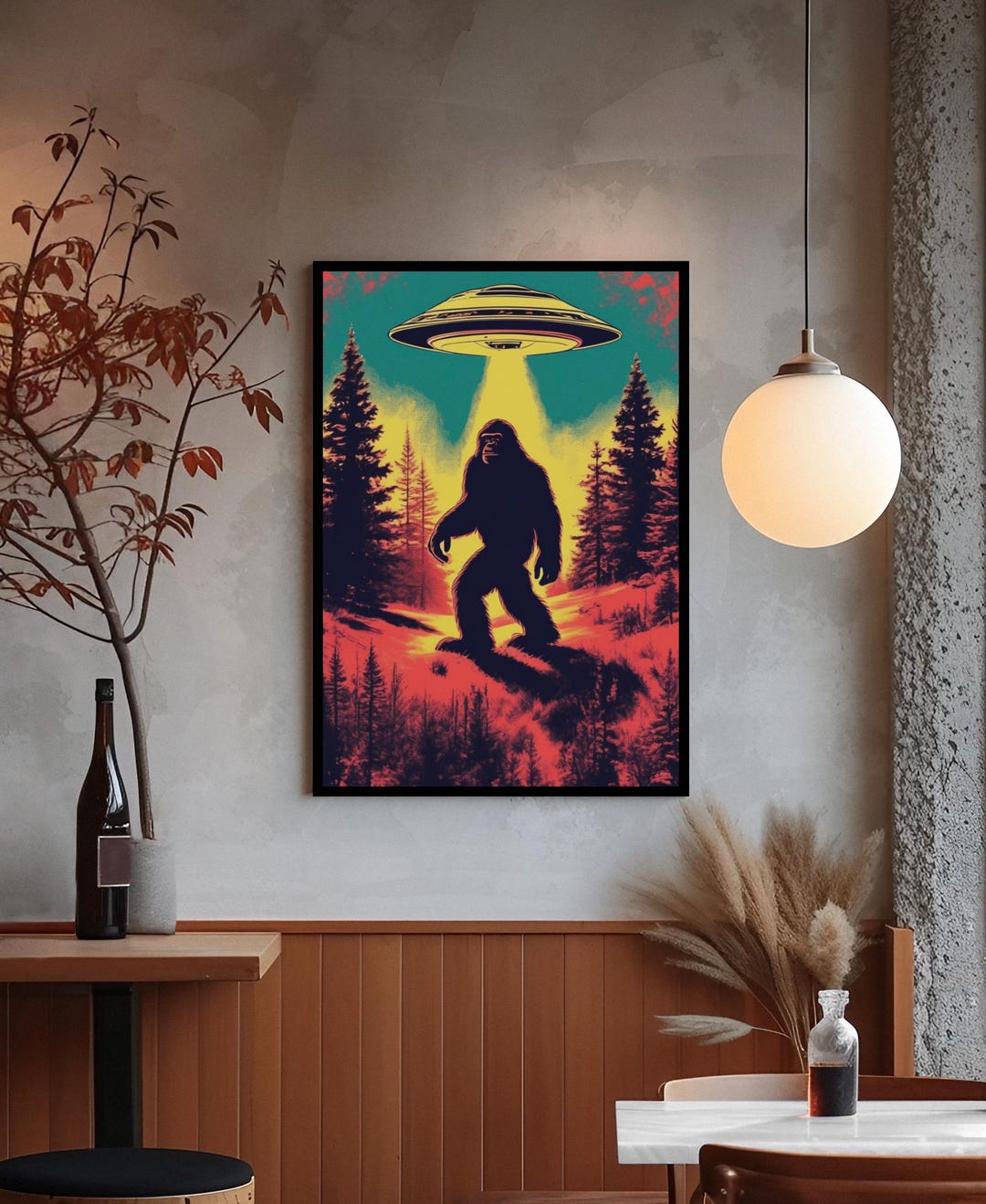 UFO Ape Poster Sunset Wall Art for Cryptid Lover, Quirky Flying Saucer ...