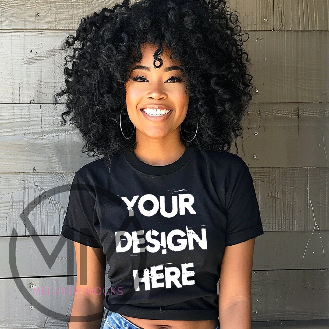 Realistic Black Woman T-shirt Mockup, Black T-shirt Mock-up, Naturally ...