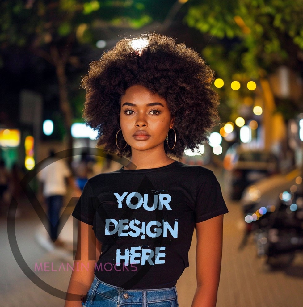 Realistic Black Woman T-shirt Mockup, Naturally Curly Afro, Black Girl ...