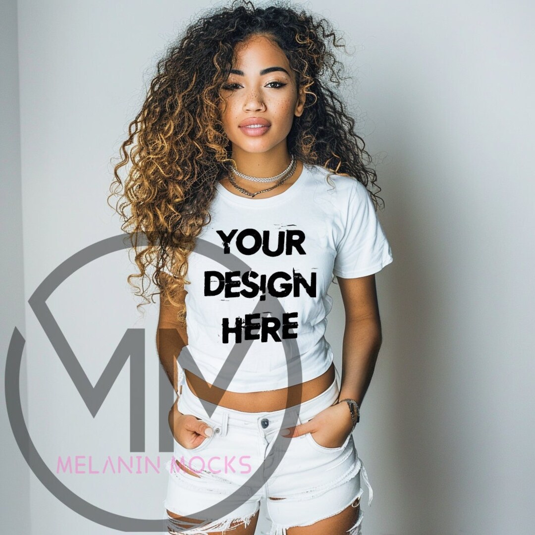 Realistic Black Woman T-shirt Mockup, White Cropped Shirt Mockup, Curly ...