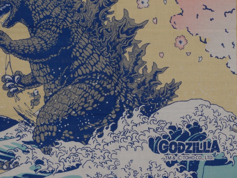 Godzilla Fabric Kaiju Tenugui 'Godzilla & Hokusai's | Etsy