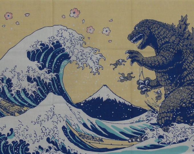Godzilla Fabric Kaiju Tenugui 'godzilla & Hokusai's Great Wave W/sakura ...