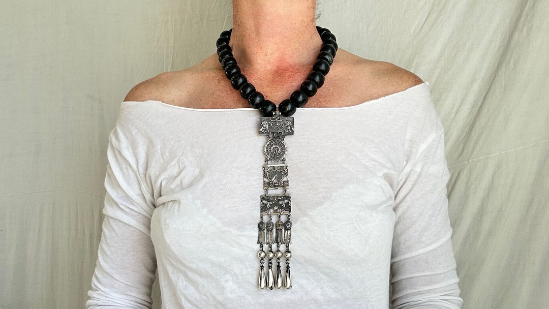 Monte Alban Pendant on Black Jade Necklace. Sterling Silver. Mexico. - Etsy