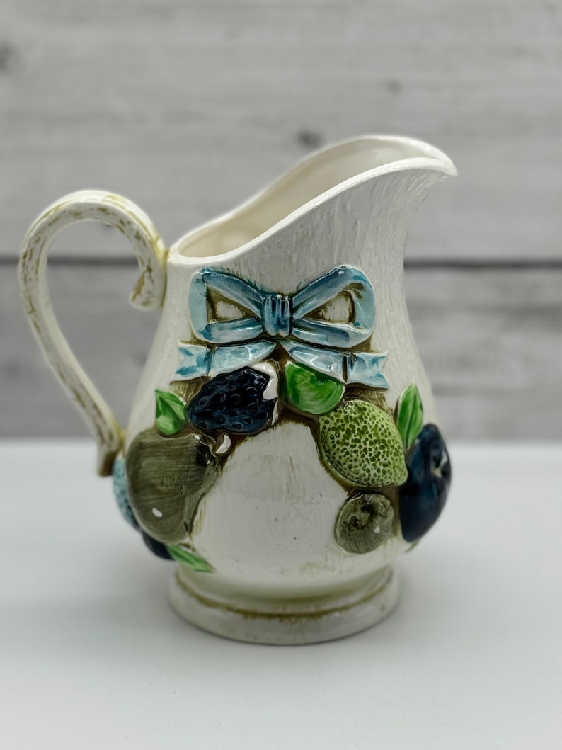 Beatiful Vintage Hand Painted Embossed Pitcher With Blue Bow and Fruit ...
