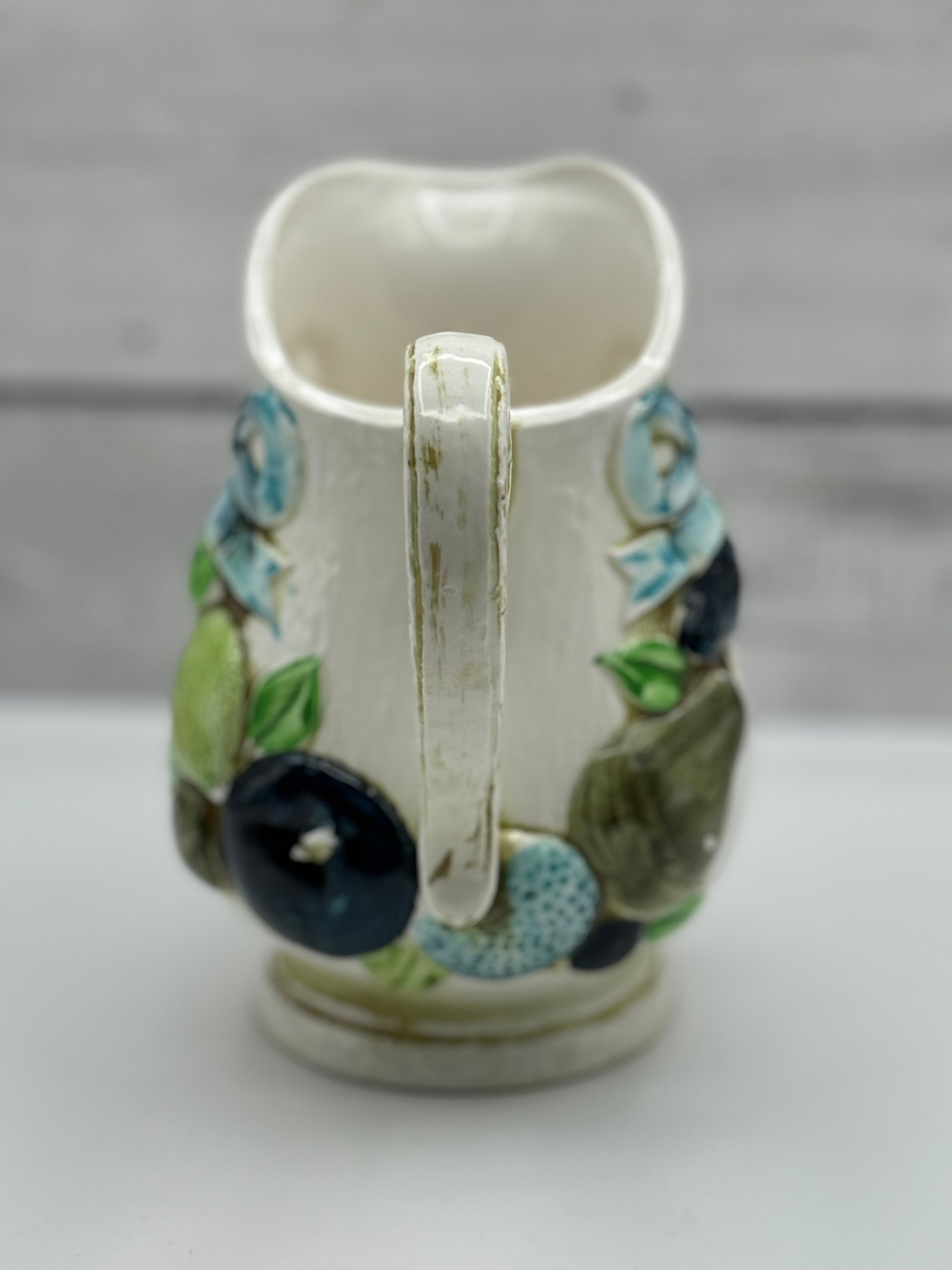 Beatiful Vintage Hand Painted Embossed Pitcher With Blue Bow and Fruit ...