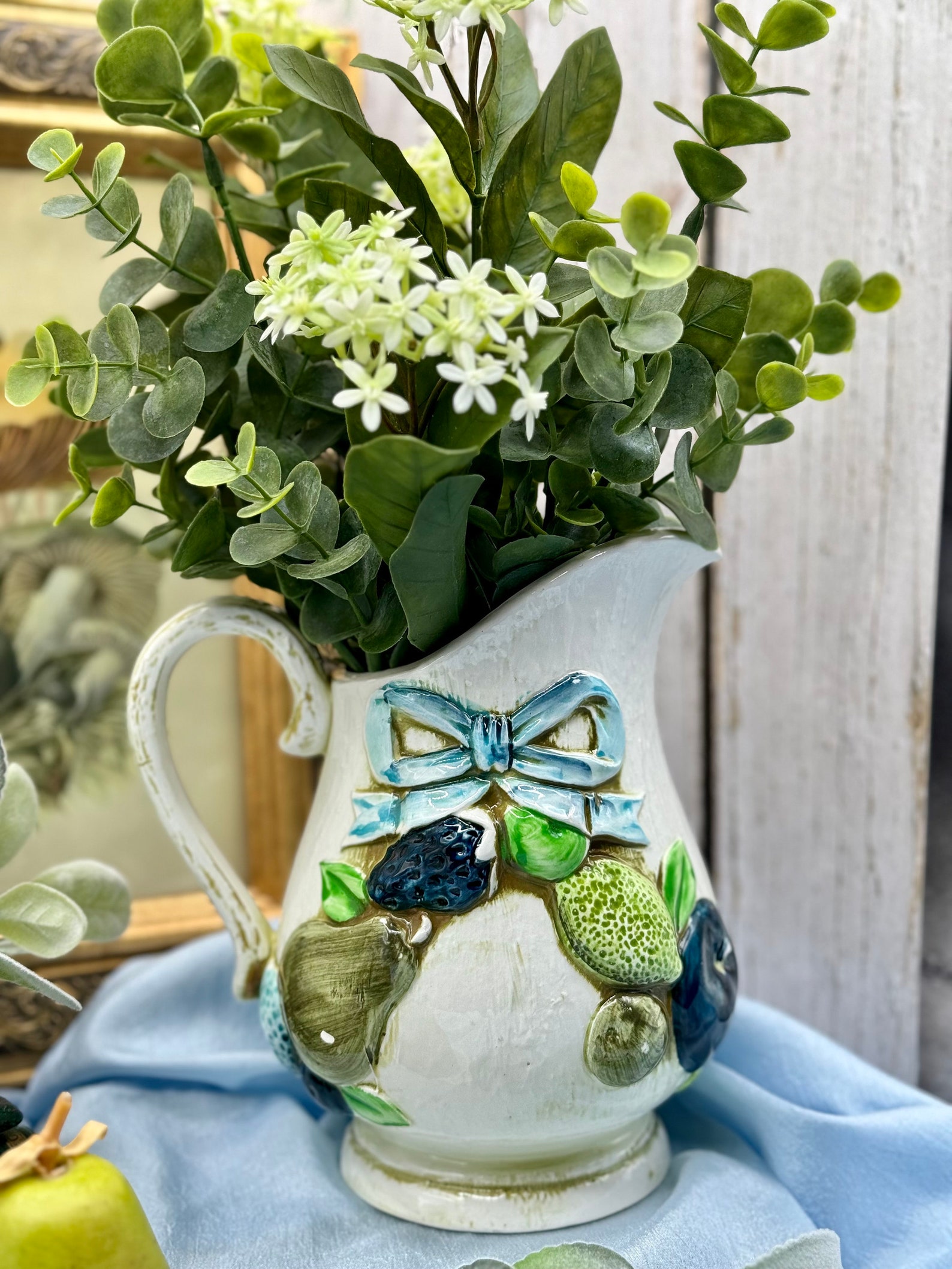Beatiful Vintage Hand Painted Embossed Pitcher With Blue Bow and Fruit ...