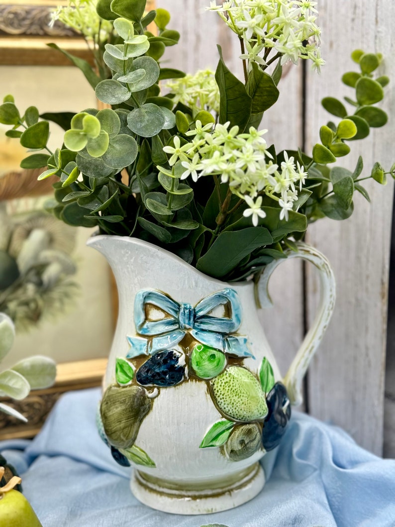 Beatiful Vintage Hand Painted Embossed Pitcher With Blue Bow and Fruit ...