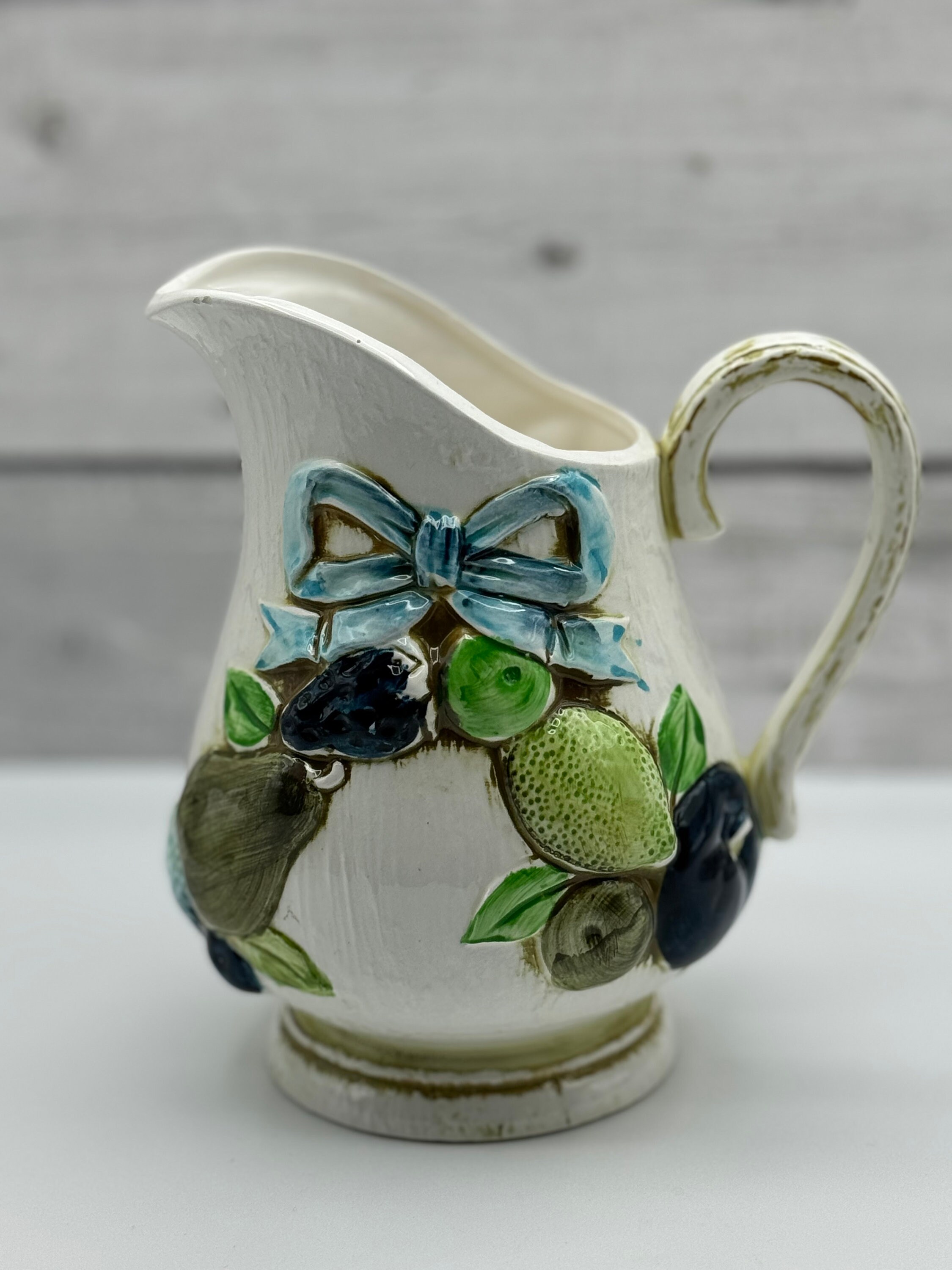 Beatiful Vintage Hand Painted Embossed Pitcher With Blue Bow and Fruit ...