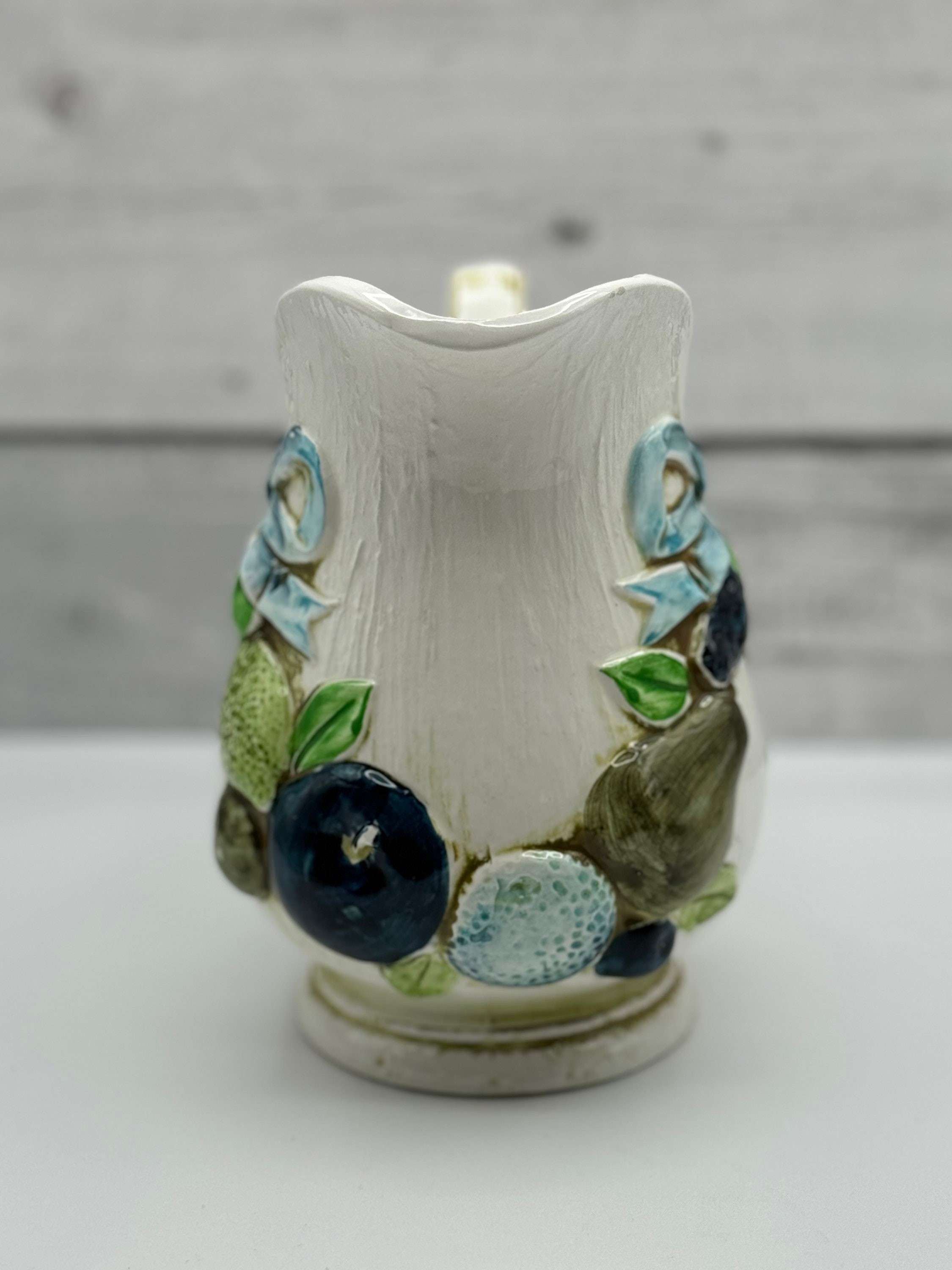 Beatiful Vintage Hand Painted Embossed Pitcher With Blue Bow and Fruit ...