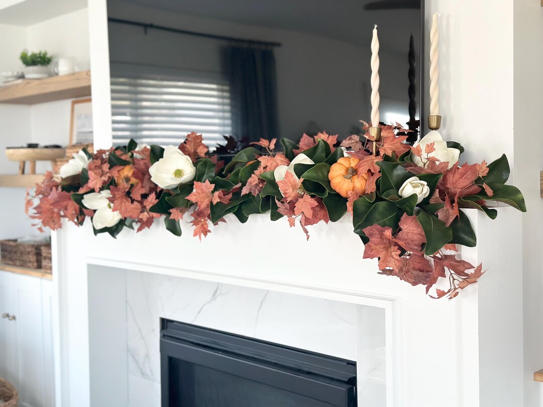 Autumn Magnolia, Maple Leaf & Pumpkin Garland: Realistic Fall Decor - Etsy