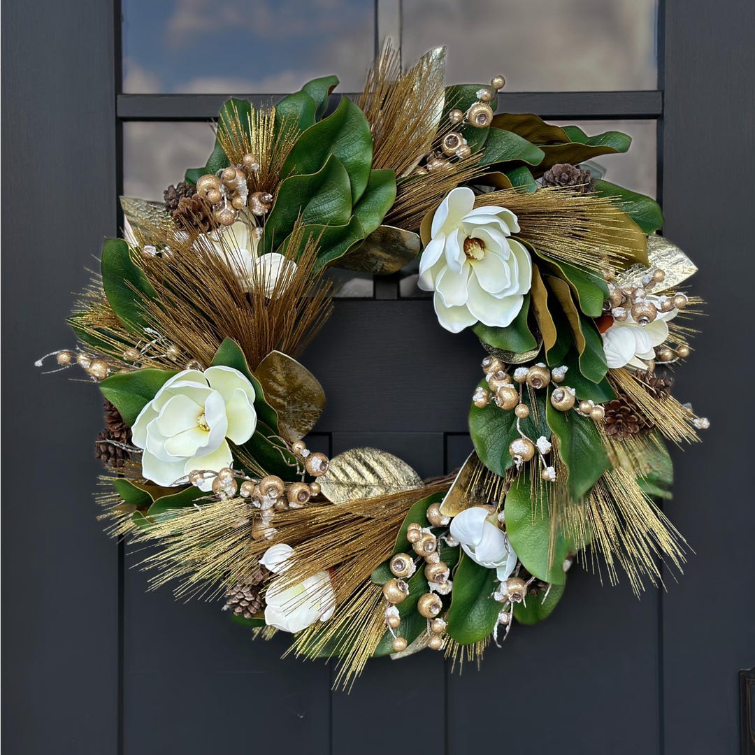 Winter White & Gold Magnolia Wreath for Front Door, Holiday Wreath ...