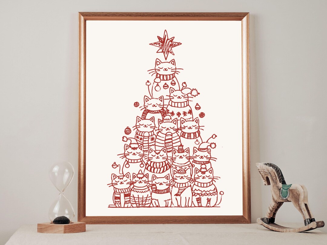 Cat Christmas Tree Printable, Cute Cat Holiday Art, Festive Cat ...