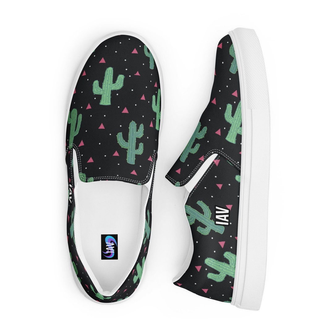 Green Cacti Purple Triangles White Specks on Black IAV Womens Slip-on ...