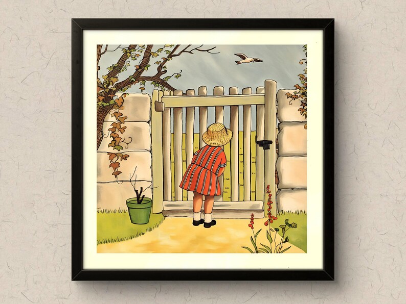 Vintage-inspired Nursery Art: Girl in Red Striped Dress at Gate With ...