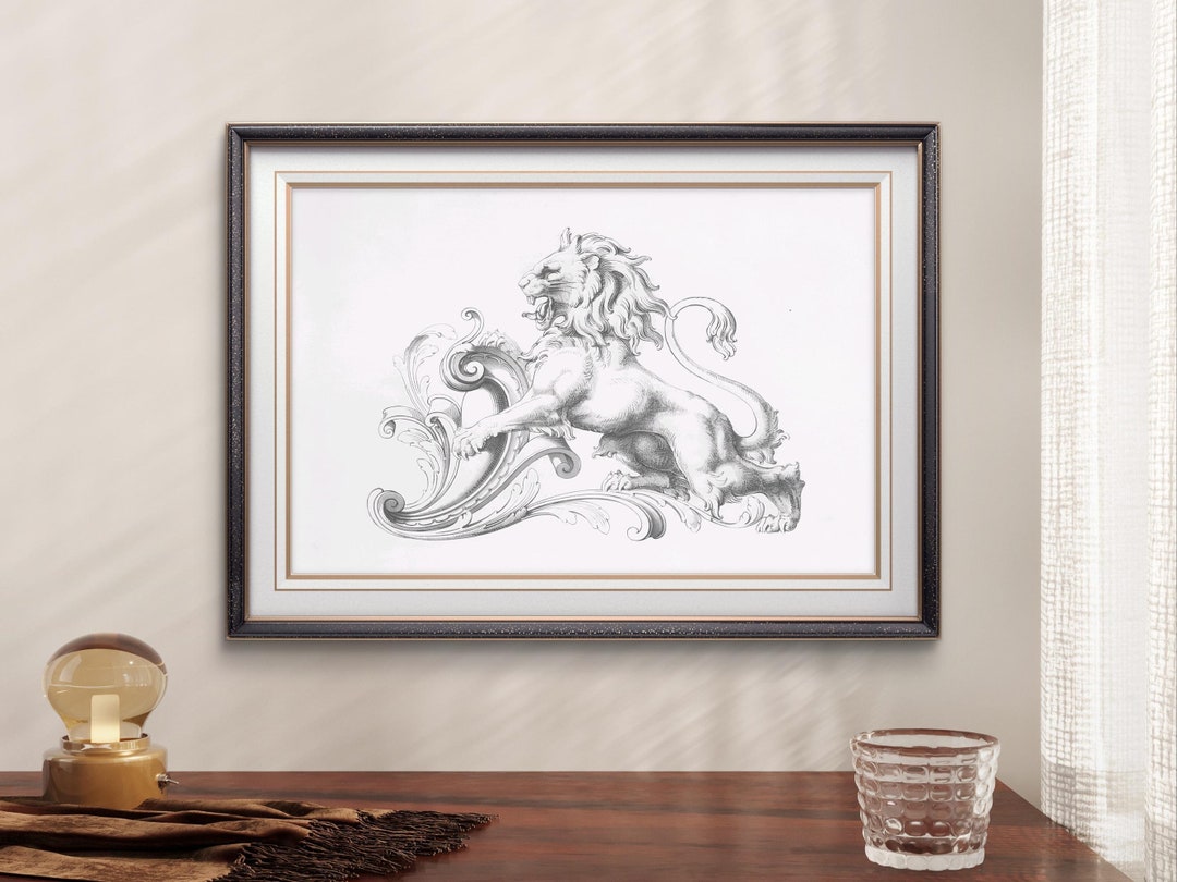 Herald Lion Illustration, Antique Drawing, Vintage Printable Wall Art ...
