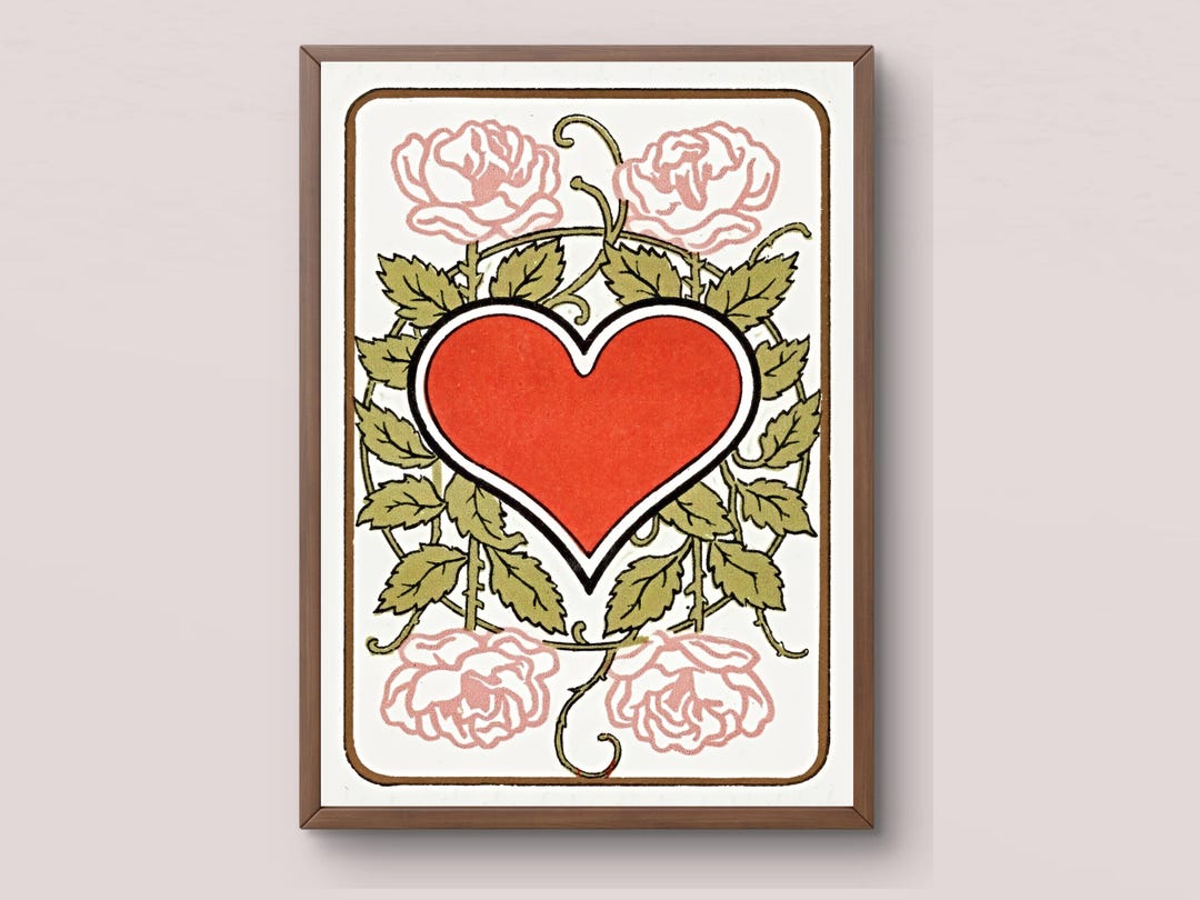 Heart Playing Card Art | Vintage Rose Card Print | Red Heart Green ...