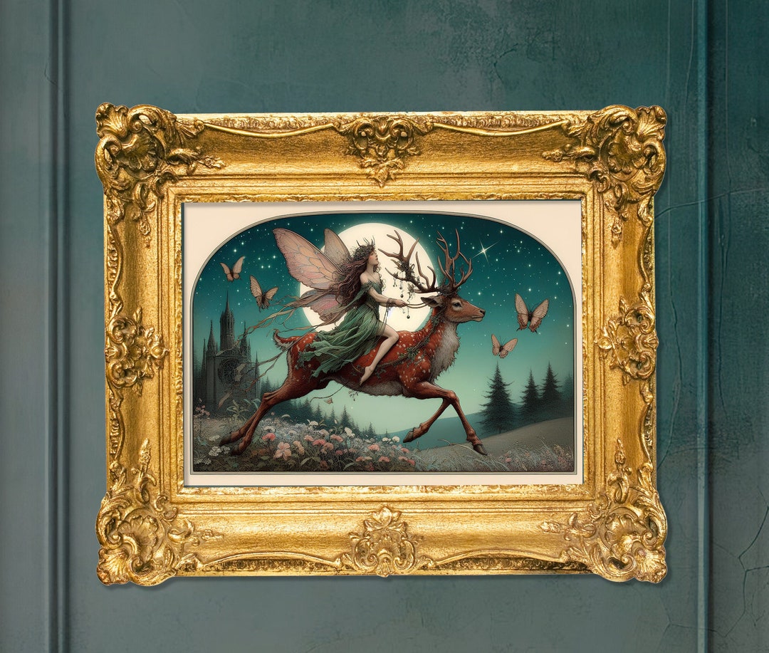 Fairy Riding a Stag Art Print. Ethereal Illustration of a Fairy on the ...