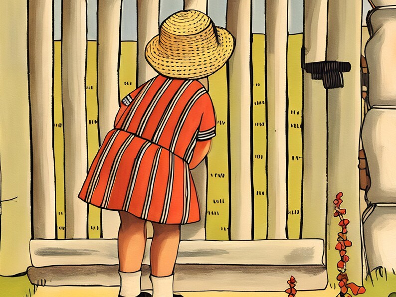Vintage-inspired Nursery Art: Girl in Red Striped Dress at Gate With ...