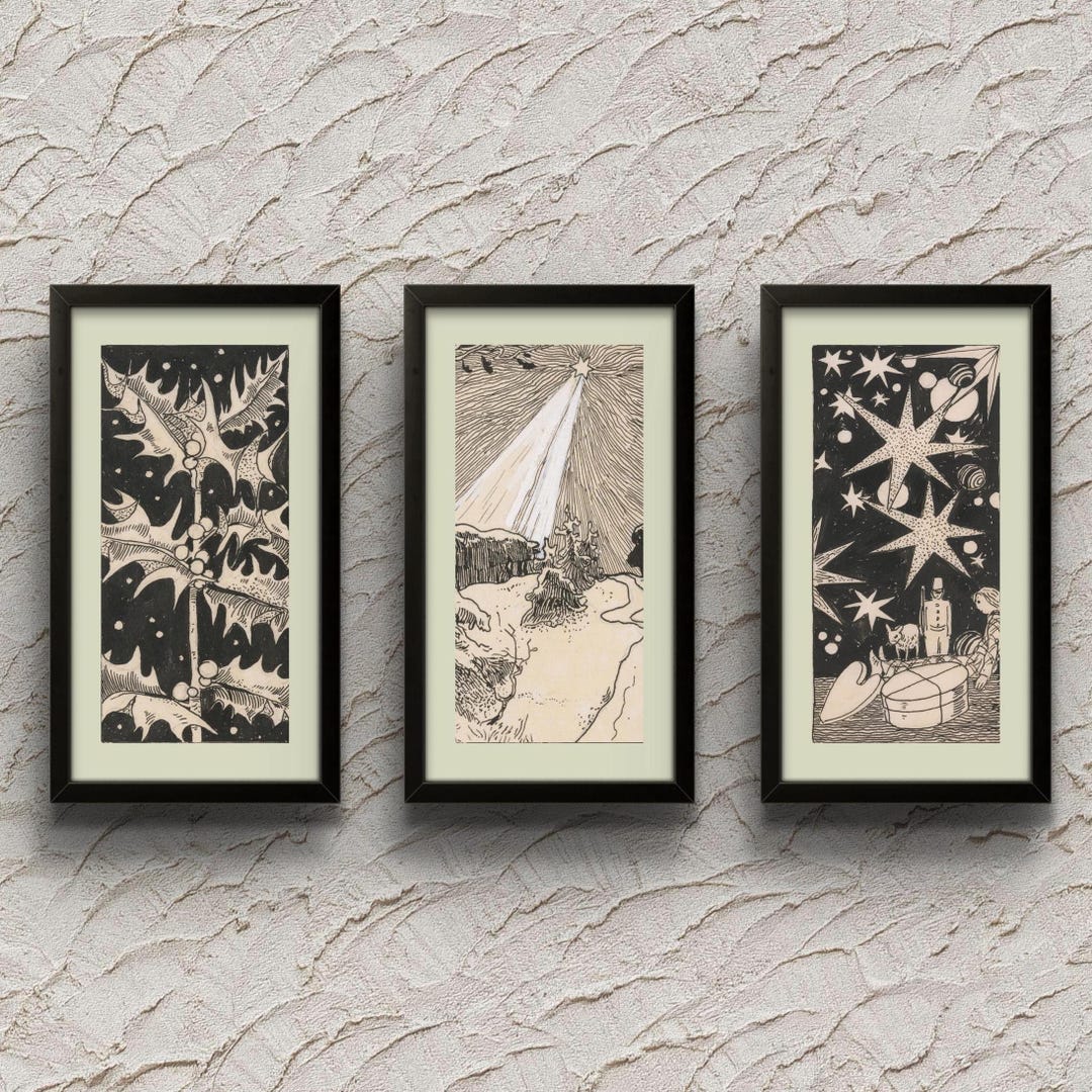 Set of 3 Christmas Print, Snowy Pine Tree, Mistletoe, Star of Bethlehem ...
