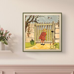 Vintage-inspired Nursery Art: Girl in Red Striped Dress at Gate With ...