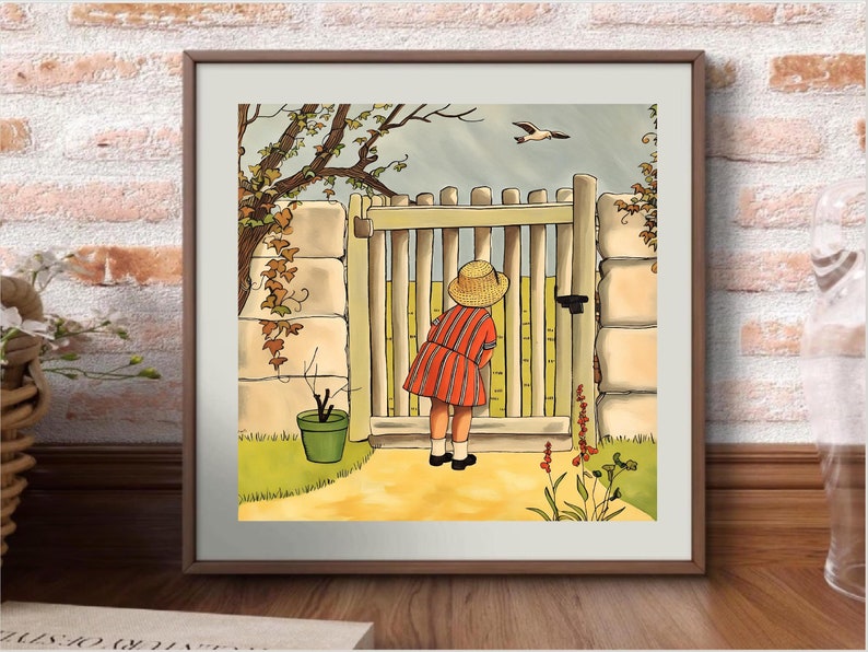 Vintage-inspired Nursery Art: Girl in Red Striped Dress at Gate With ...