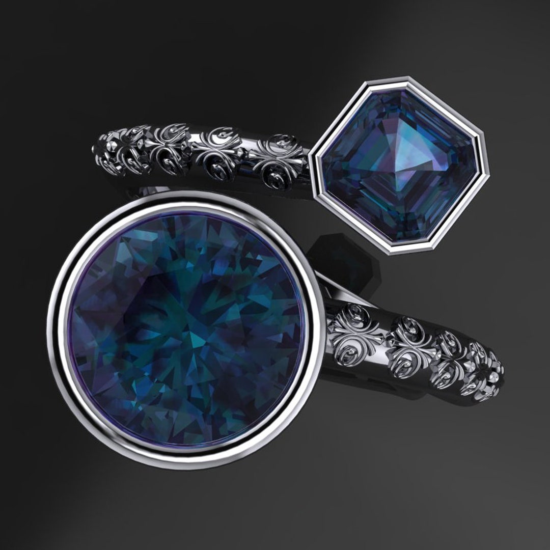 Custom Bypass Filigree Ring – 3 Carat Round Blue Gray ZAYA Moissanite ...