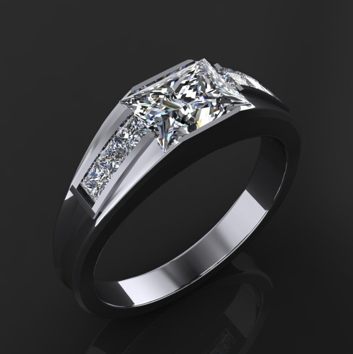 Fernando Ring - Men's Gold Wedding Band, 2 Carat Radiant Cut Moissanite ...