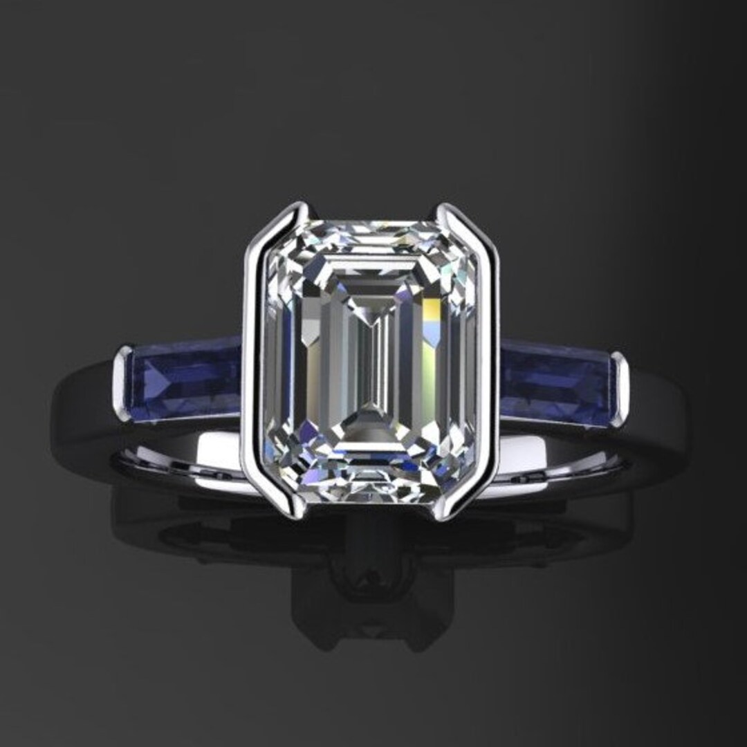 Alex Ring Emerald Cut Moissanite Engagement Ring, Genuine Blue Sapphire Side Stones - Etsy