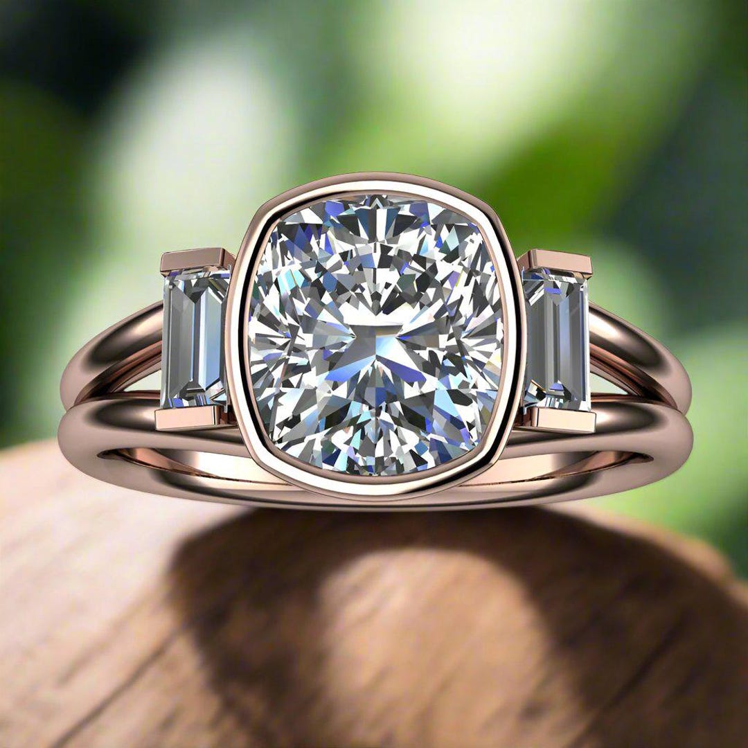 Azul Ring - Elongated Cushion Cut Moissanite Engagement Ring, 3 Stone ...