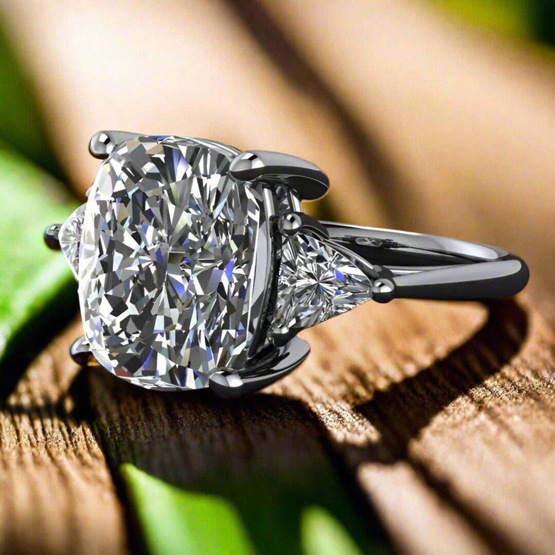 Erin Ring 6 Carat Cushion Cut Moissanite Engagement Ring, Trillion Side ...