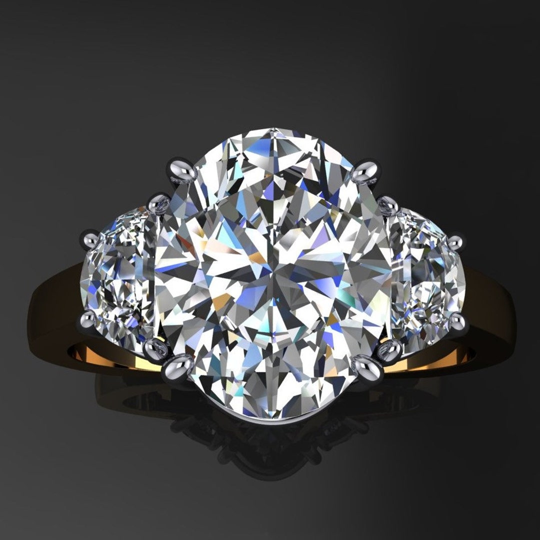 Ava Ring 3 Carat Oval Moissanite Engagement Ring, Half Moon Side Stones ...