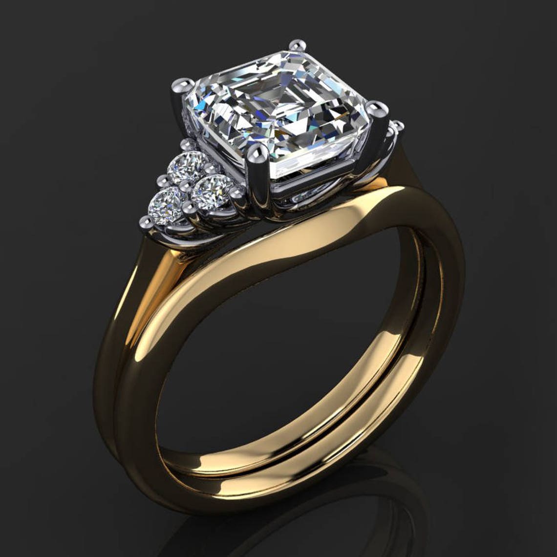 Madison Asscher Cut Moissanite Engagement Ring - Diamond Accents - Etsy