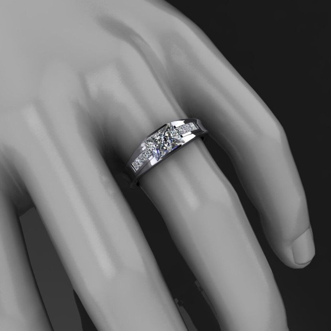 Fernando Ring - Men's Gold Wedding Band, 2 Carat Radiant Cut Moissanite ...