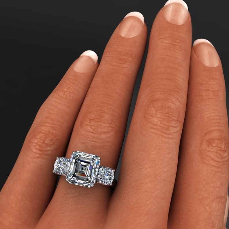 4 Carat Asscher Cut ZAYA Moissanite Engagement Ring 3 Stone | Etsy