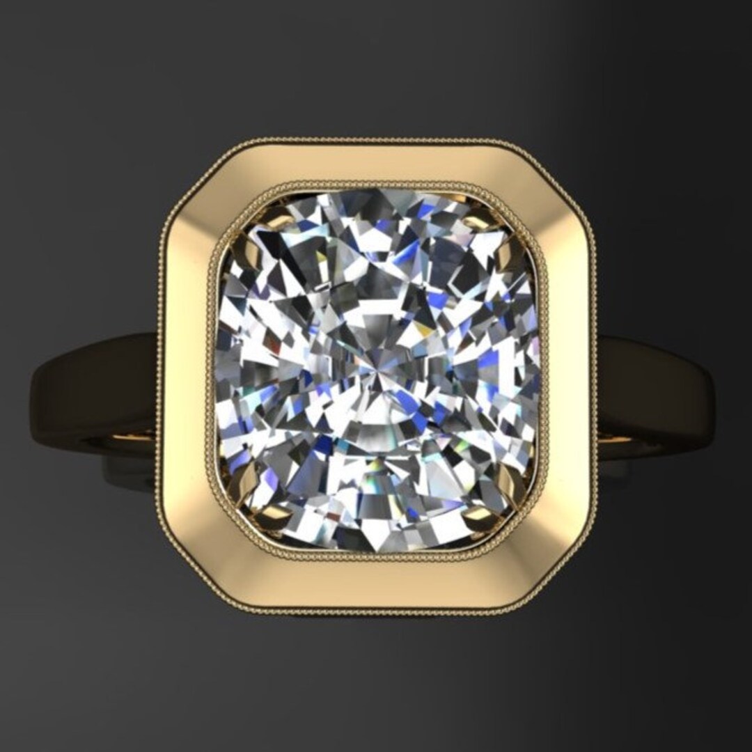 Edith Ring - 3 Carat Old Mine Cut Cushion Moissanite Engagement Ring, Bezel Ring, ZAYA ...