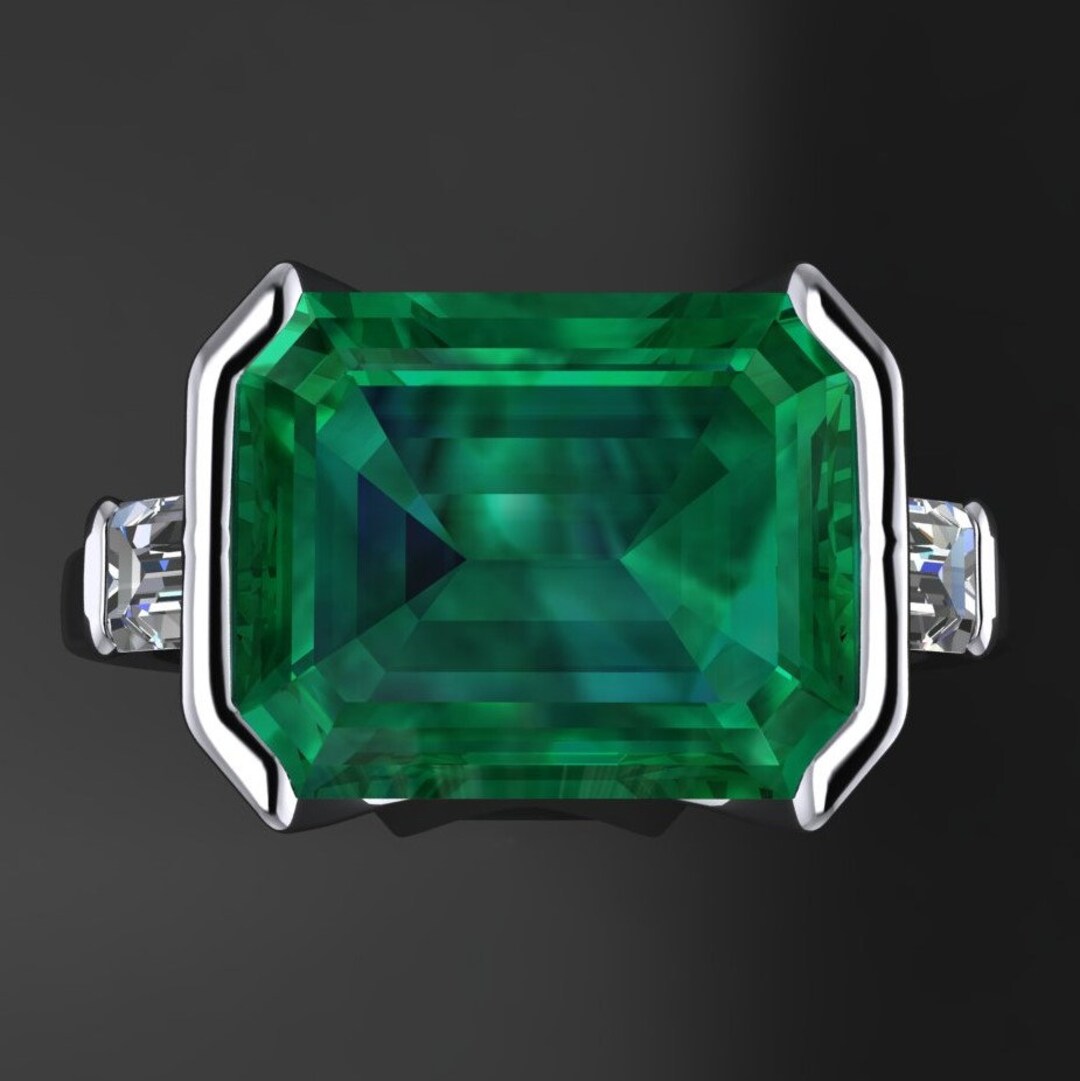 Alex Ring - 5 Carat Green Emerald Cut Moissanite Engagement Ring, Bezel ...