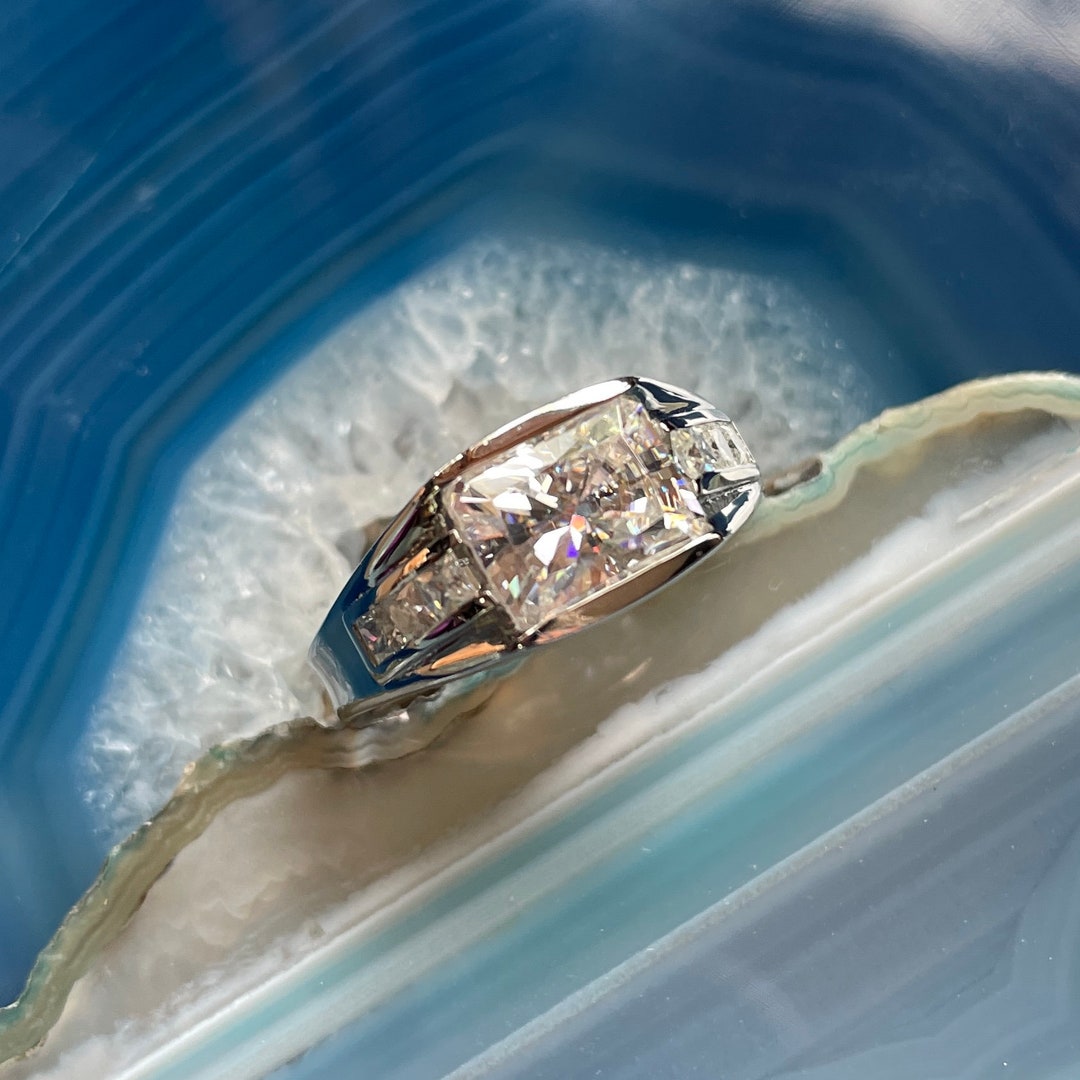 Fernando Ring - Men's Gold Wedding Band, 2 Carat Radiant Cut Moissanite ...