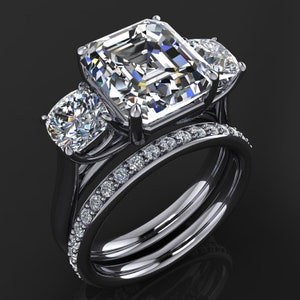 4 Carat Asscher Cut ZAYA Moissanite Engagement Ring 3 Stone - Etsy