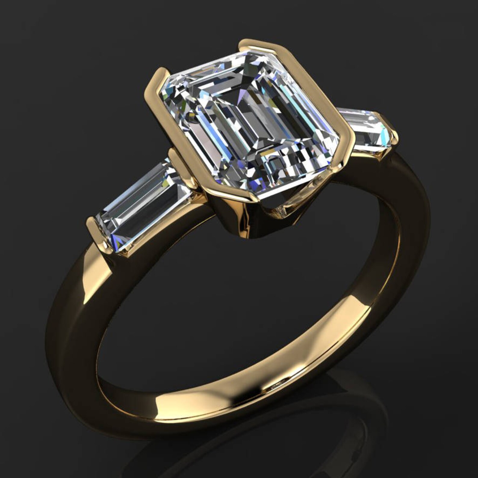Emerald Cut Moissanite Engagement Ring – Bezel Set, 14k Yellow Gold ...