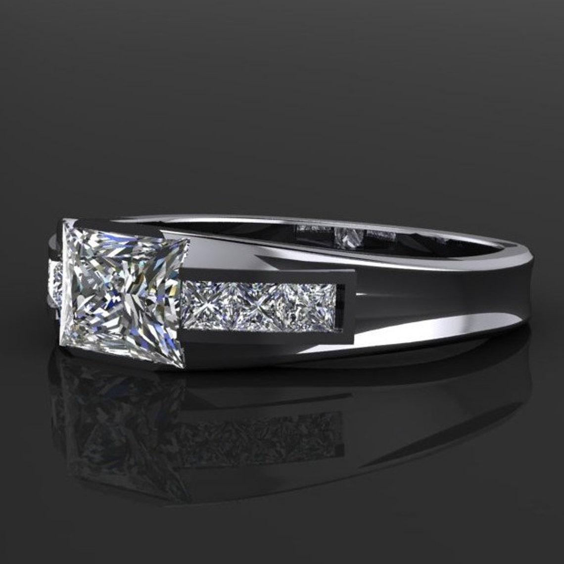 Fernando Ring - Men's Gold Wedding Band, 2 Carat Radiant Cut Moissanite ...