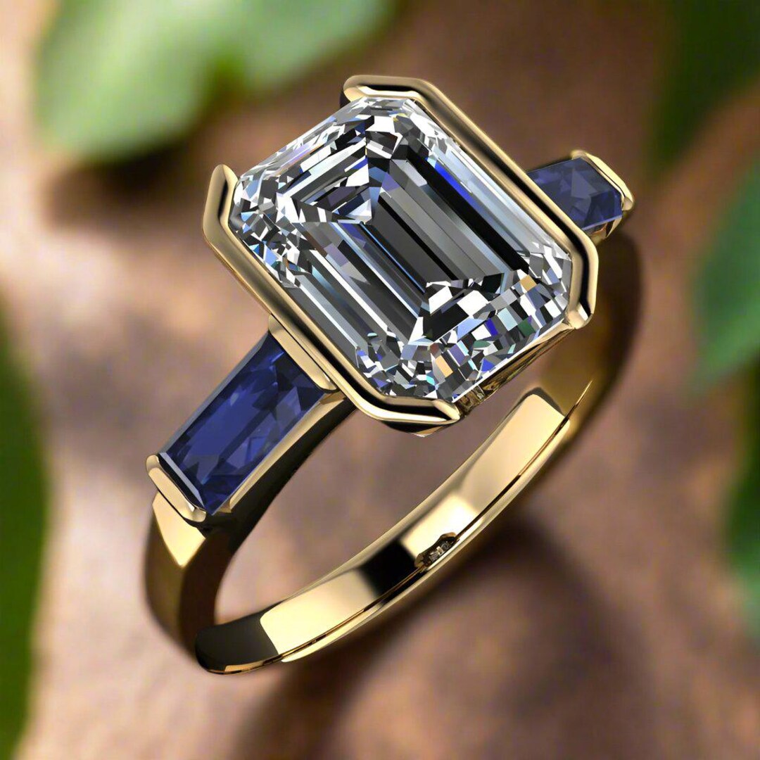 Alex Ring Emerald Cut Moissanite Engagement Ring, Genuine Blue Sapphire ...